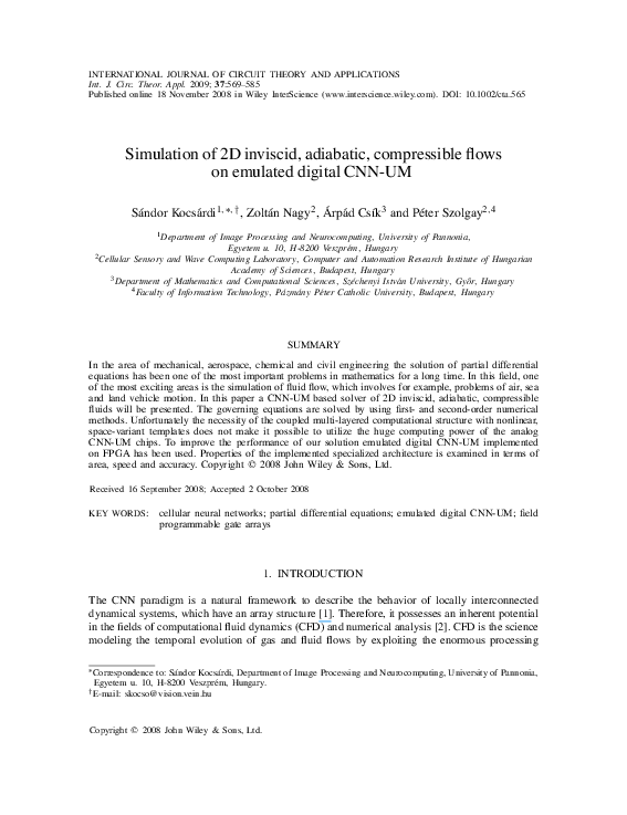 (PDF) Simulation of 2D inviscid, adiabatic, compressible flows on emulated digital CNN-UM