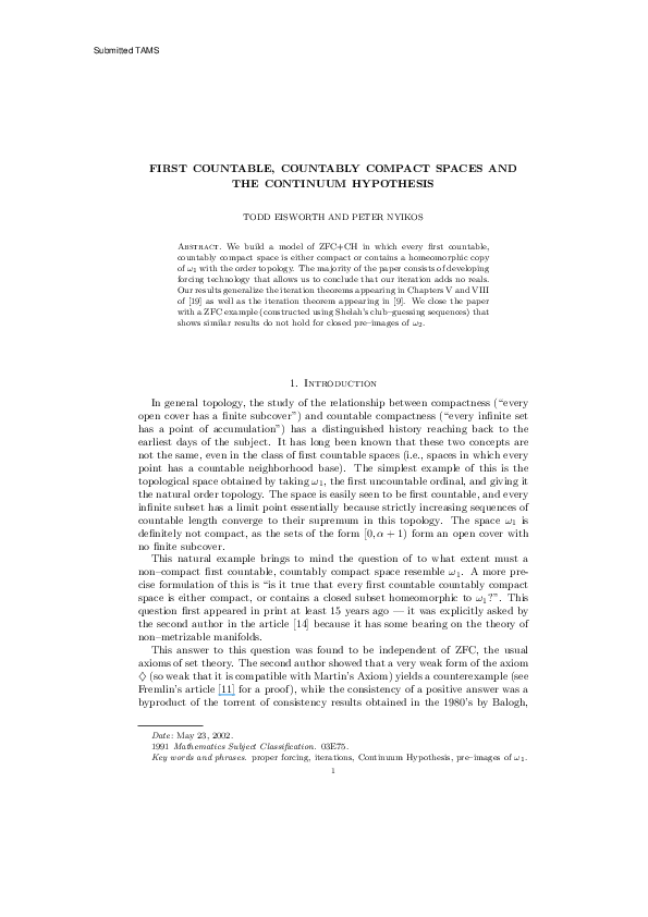 (PDF) First countable, countably compact spaces and the continuum hypothesis