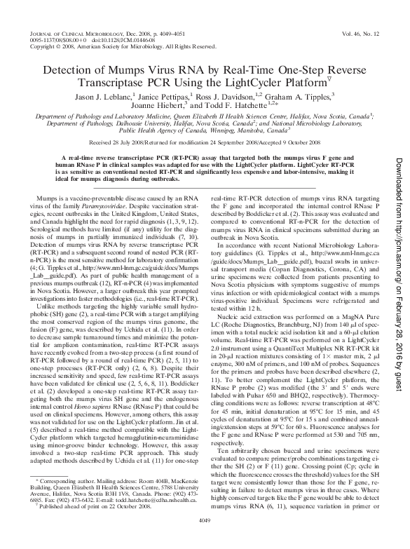 (PDF) Detection of Mumps Virus RNA by Real-Time One-Step Reverse ...