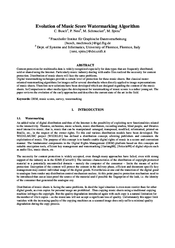 (PDF) Evolution of music score watermarking algorithm