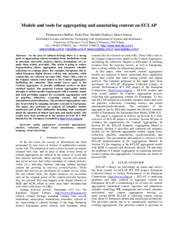 (PDF) Models and tools for aggregating and annotating content on ECLAP