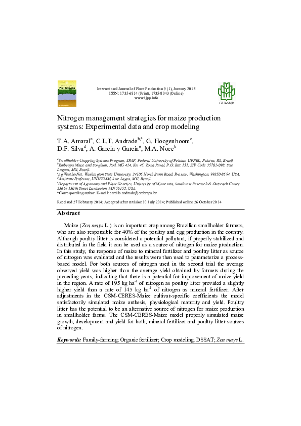 (PDF) Nitrogen management strategies for maize production systems: Experimental data and crop ...