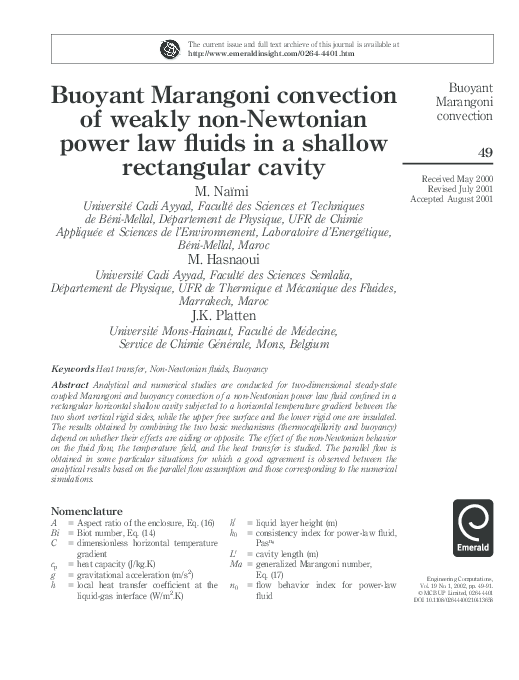 Pdf Buoyant Marangoni Convection Of Weakly Non Newtonian Power Law Fluids In A Shallow