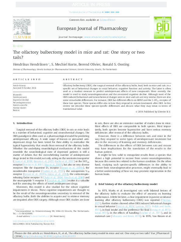 (PDF) The olfactory bulbectomy model in mice and rat: One story or two ...