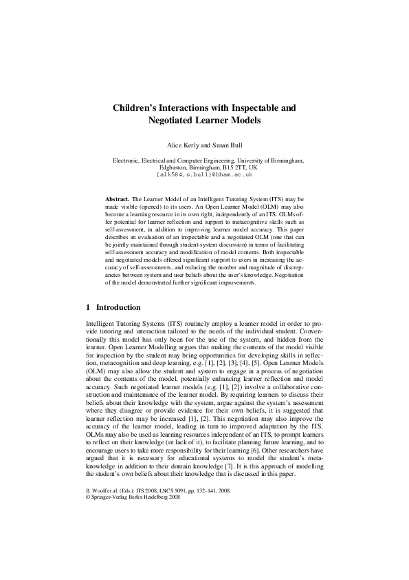 (PDF) Children’s Interactions with Inspectable and Negotiated Learner Models