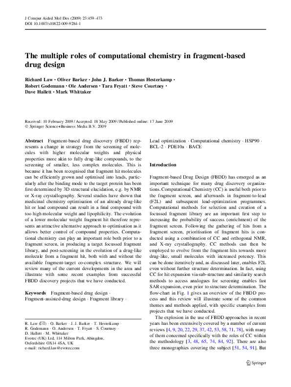 (PDF) The multiple roles of computational chemistry in fragment-based drug design