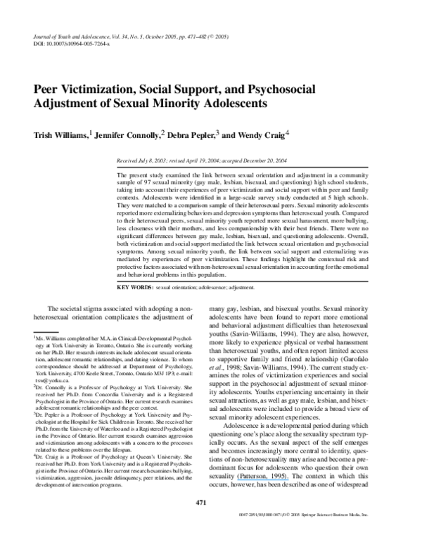 Pdf Peer Victimization Social Support And Psychosocial Adjustment