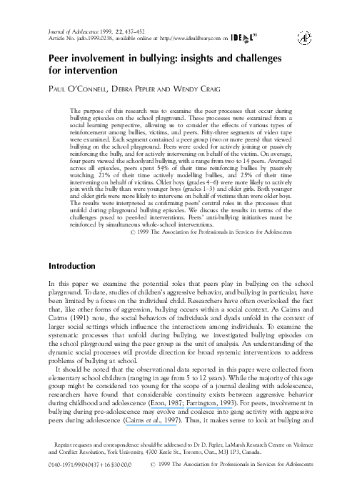 (PDF) Peer involvement in bullying: insights and challenges for ...