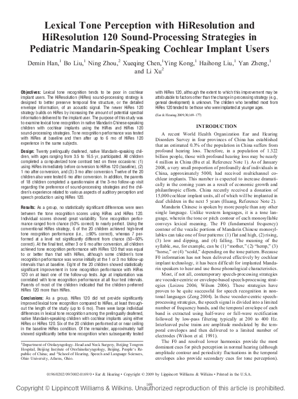 (PDF) Lexical Tone Perception with HiResolution and HiResolution 120 Sound-Processing Strategies ...