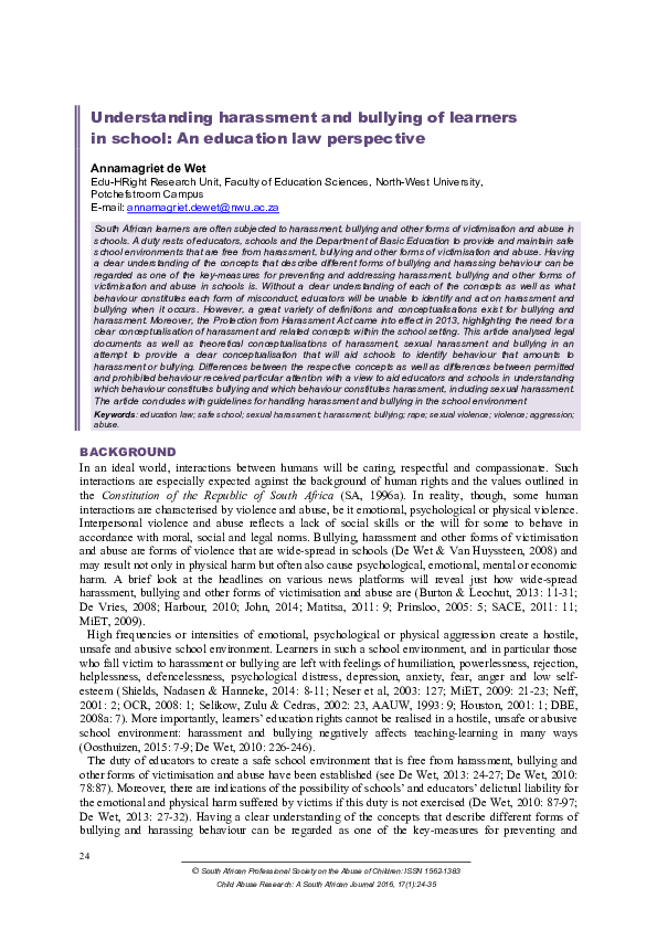 (PDF) Understanding harassment and bullying of learners in school: An ...