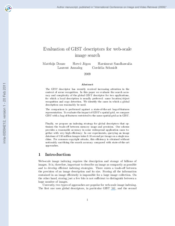 Pdf Evaluation Of Gist Descriptors For Web Scale Image Search