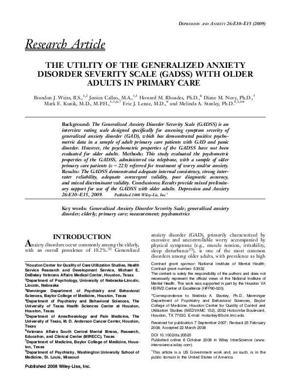 (PDF) The utility of the Generalized Anxiety Disorder Severity Scale ...