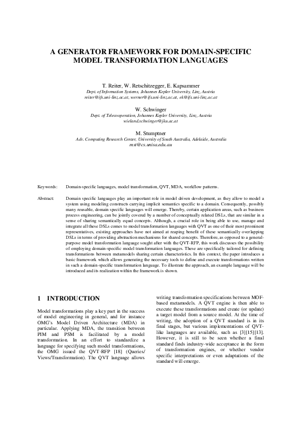 (PDF) A generator framework for domain-specific model transformation languages