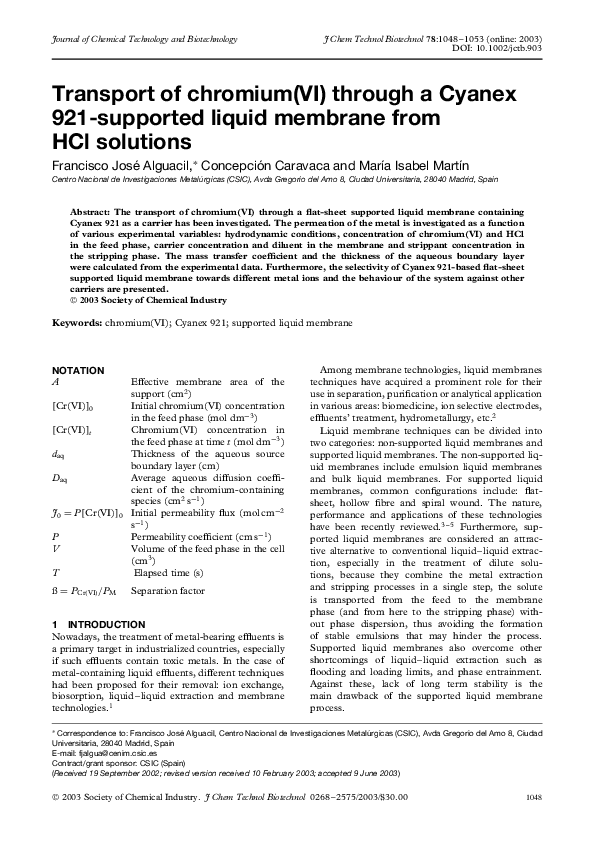 (PDF) Transport of chromium(VI) through a Cyanex 921-supported liquid ...