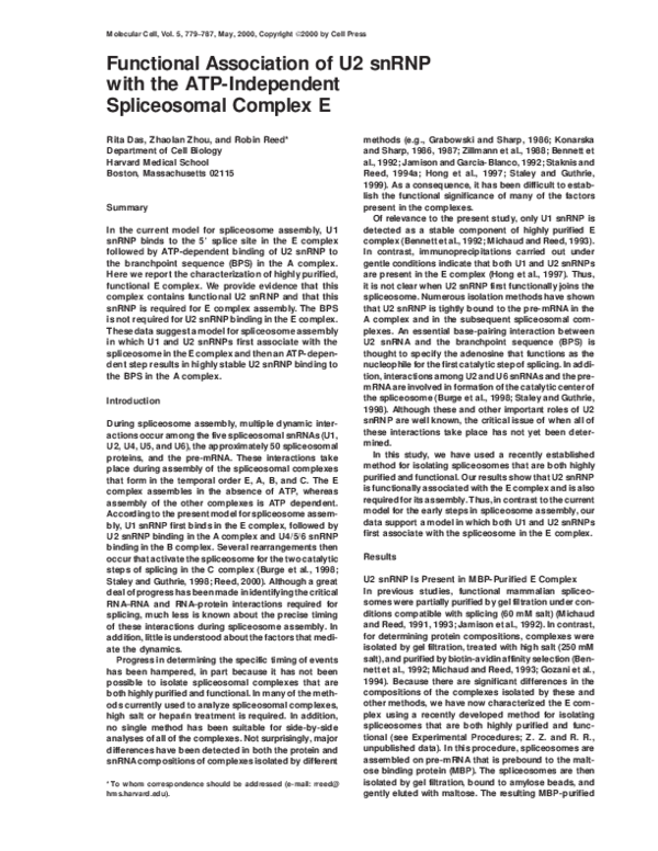 (PDF) Functional Association of U2 snRNP with the ATP-Independent ...