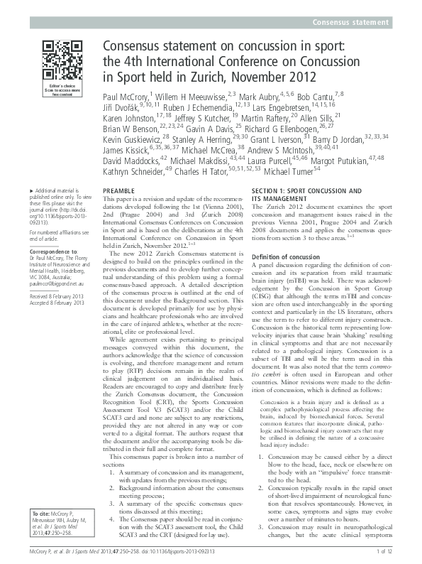 (PDF) Consensus statement on concussion in sport: the 4th International ...