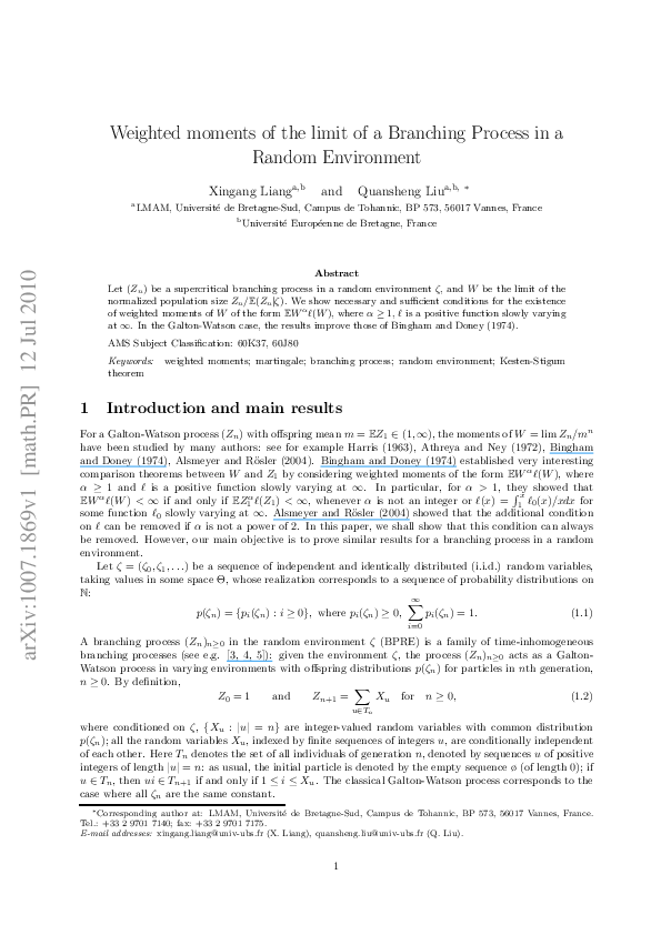 (PDF) Weighted moments of the limit of a branching process in a random environment | Quanhua Liu ...