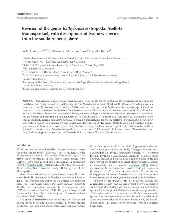 (PDF) Revision of the genus Bathybadistes (Isopoda: Asellota ...
