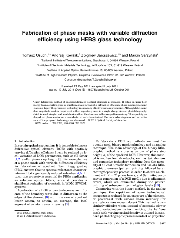 Pdf Fabrication Of Phase Masks With Variable Diffraction Efficiency