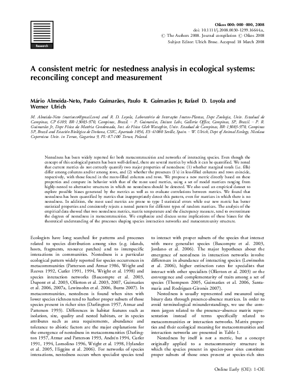 (PDF) A consistent metric for nestedness analysis in ecological systems: reconciling concept and ...