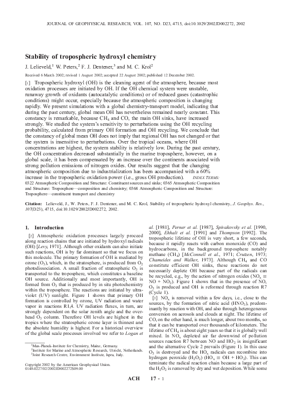 (PDF) Stability of tropospheric hydroxyl chemistry