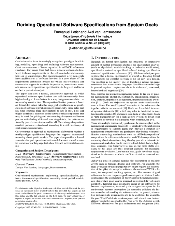 (PDF) Deriving operational software specifications from system goals ...
