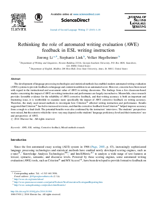 Pdf Rethinking The Role Of Automated Writing Evaluation Awe Feedback In Esl Writing
