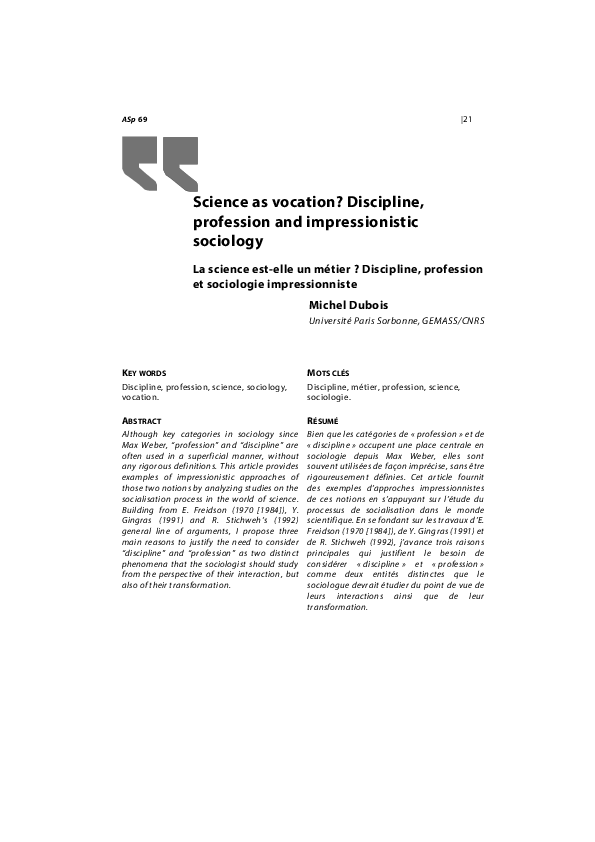 (PDF) Science as vocation? Discipline, profession and impressionistic ...