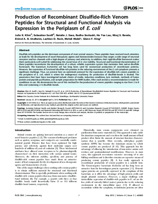 (PDF) Production of Recombinant Disulfide-Rich Venom Peptides for ...