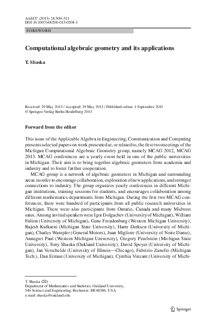 (PDF) Computational Algebraic Geometry and its Applications