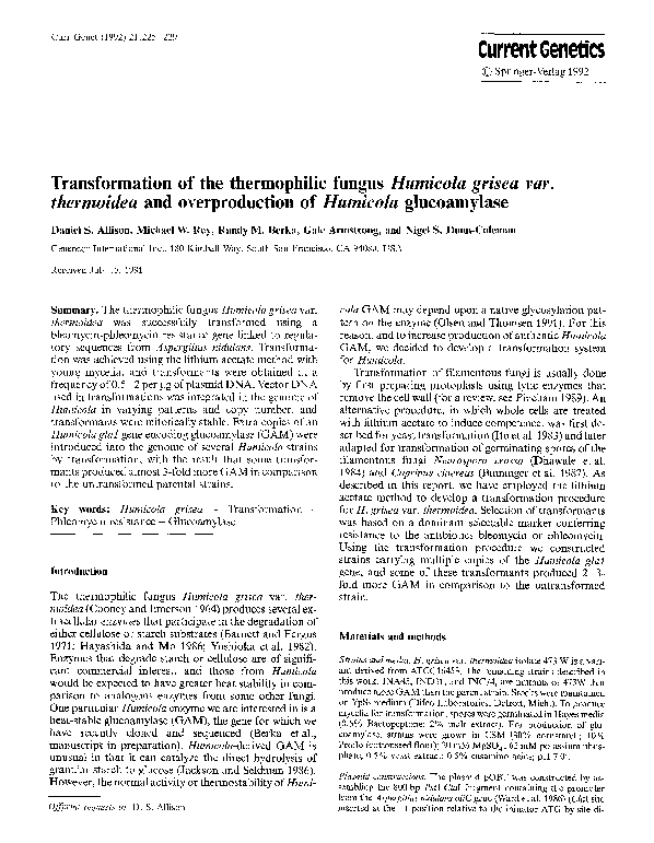 (PDF) Transformation of the thermophilic fungus Humicola grisea var ...