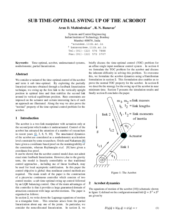 (PDF) Sub Time-Optimal Swing Up of the Acrobot