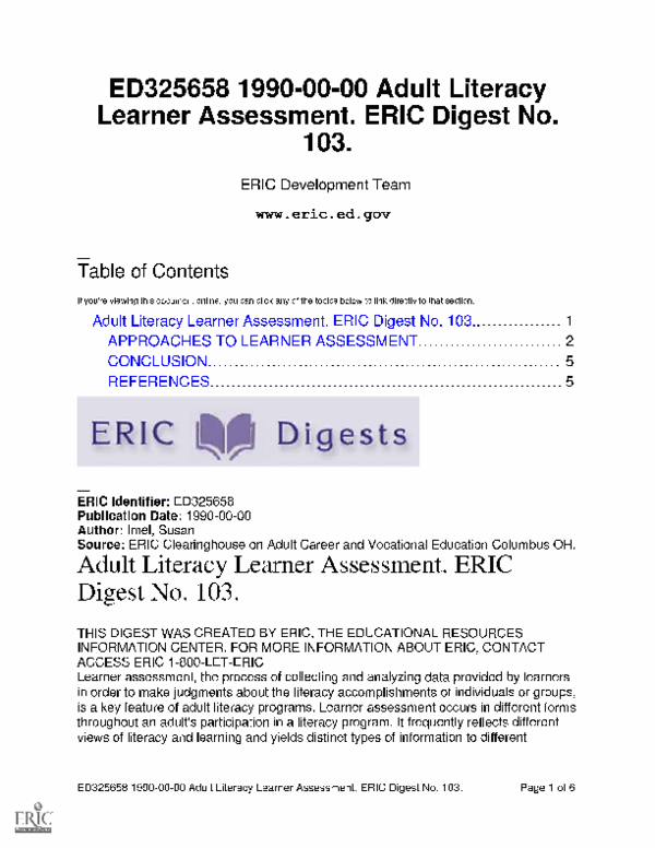(PDF) Adult Literacy Learner Assessment. ERIC Digest No. 103