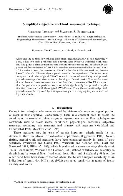 (PDF) Simplified subjective workload assessment technique