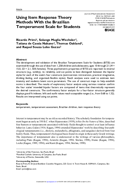 (PDF) Using Item Response Theory Methods With the Brazilian Temperament Scale for Students