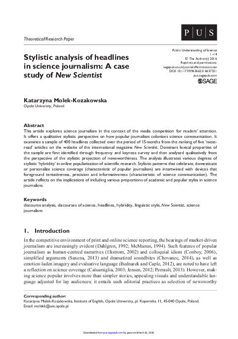(2016) Stylistic analysis of headlines in science journalism: A case ...