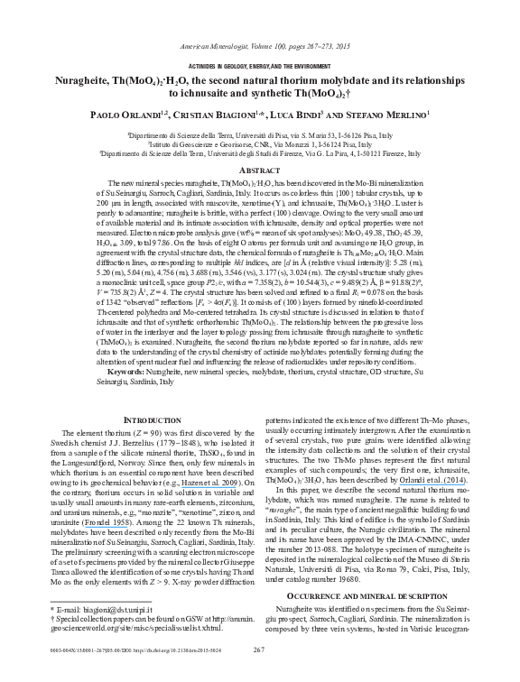(PDF) Nuragheite, Th (MoO4) 2· H2O, The Second Natural Thorium ...
