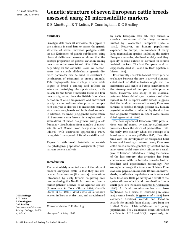 (PDF) Genetic structure of seven European cattle breeds assessed using 20 microsatellite markers ...