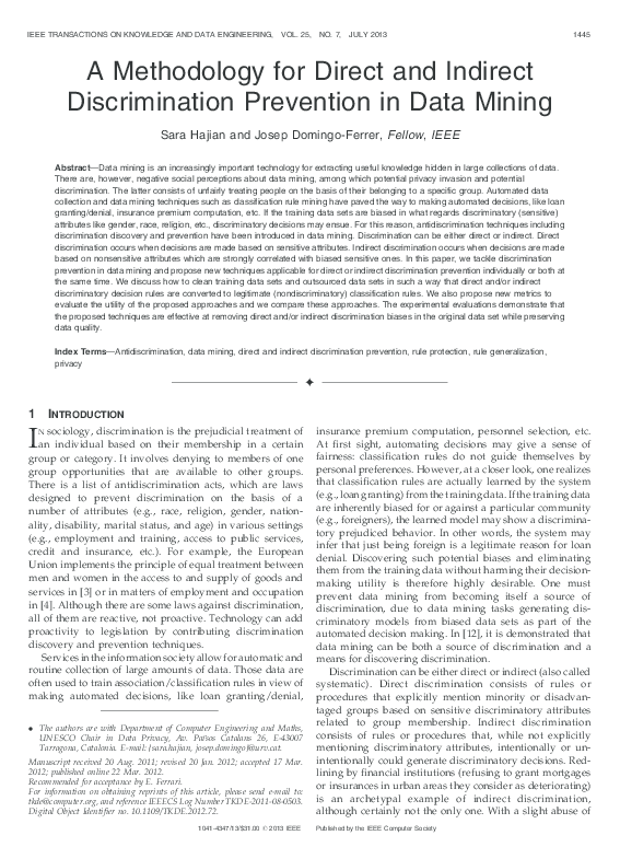 (PDF) A Methodology for Direct and Indirect Discrimination Prevention in Data Mining