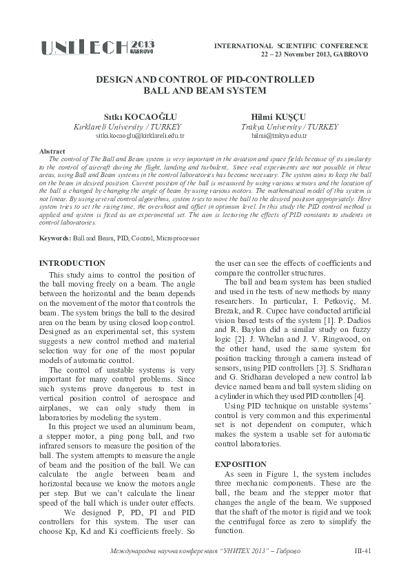 (PDF) DESIGN AND CONTROL OF PID-CONTROLLED BALL AND BEAM SYSTEM