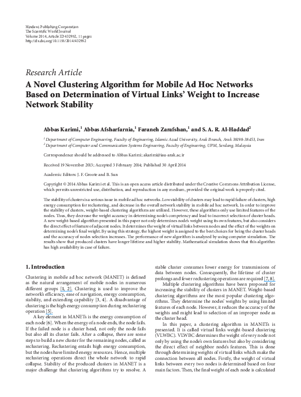 Pdf A Novel Clustering Algorithm For Mobile Ad Hoc Networks Based On