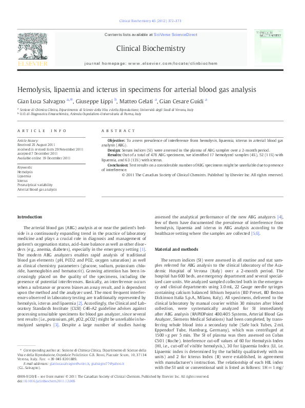 (PDF) Hemolysis, lipaemia and icterus in specimens for arterial blood gas analysis