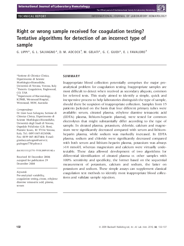 (PDF) Right or wrong sample received for coagulation testing? Tentative ...