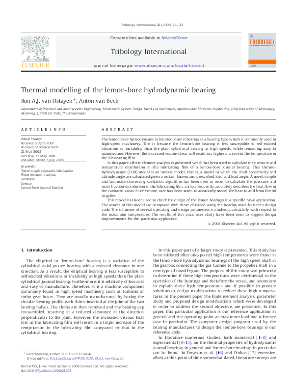 (PDF) Thermal modelling of the lemon-bore hydrodynamic bearing