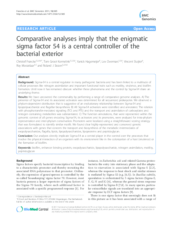 (PDF) Comparative analyses imply that the enigmatic sigma factor 54 is ...