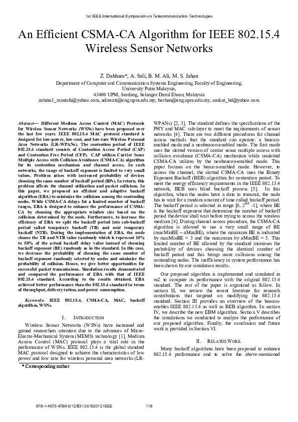 Pdf An Efficient Csma Ca Algorithm For Ieee 802154 Wireless Sensor