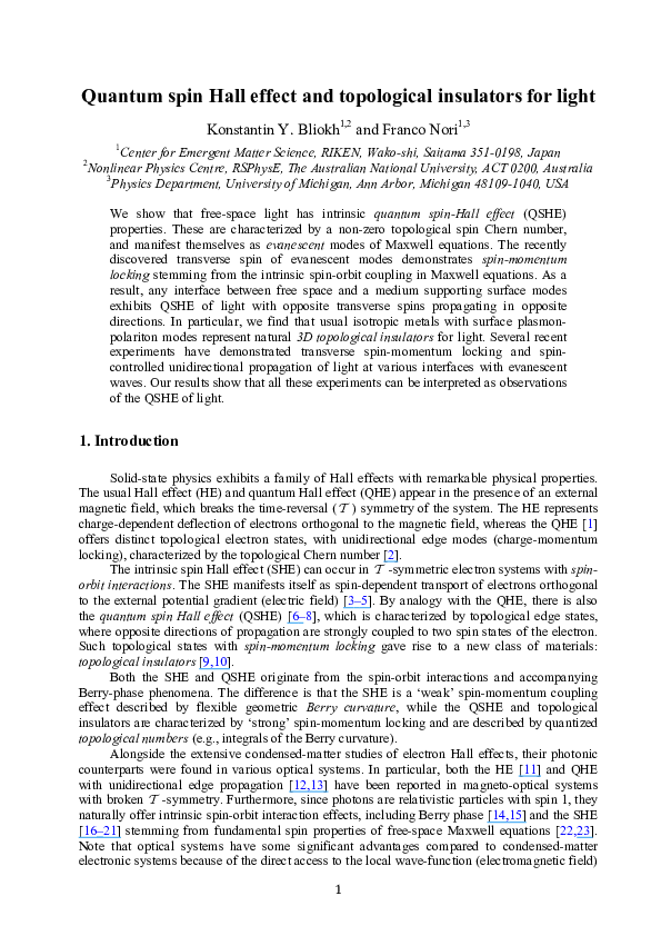 (PDF) Quantum spin Hall effect and topological insulators for light