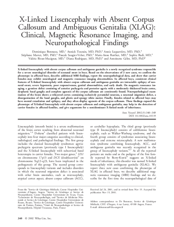 (PDF) X-linked lissencephaly with absent corpus callosum and ambiguous ...