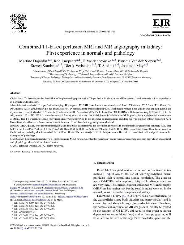 (PDF) Combined T1-based perfusion MRI and MR angiography in kidney ...