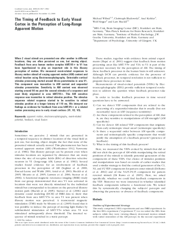 (PDF) The timing of feedback to early visual cortex in the perception of long-range apparent motion